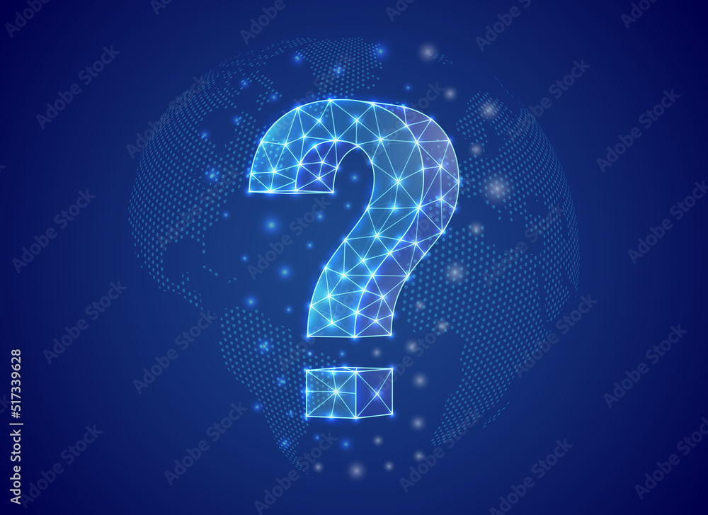 Question mark 3d low poly symbol with blue world map background. Help ...