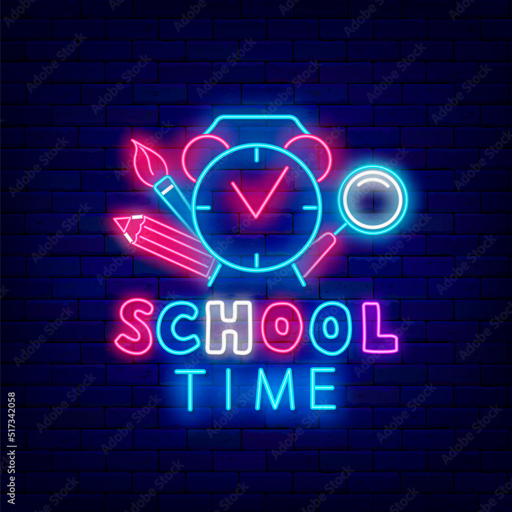 School time neon signboard. Alarm clock with office items. Education ...