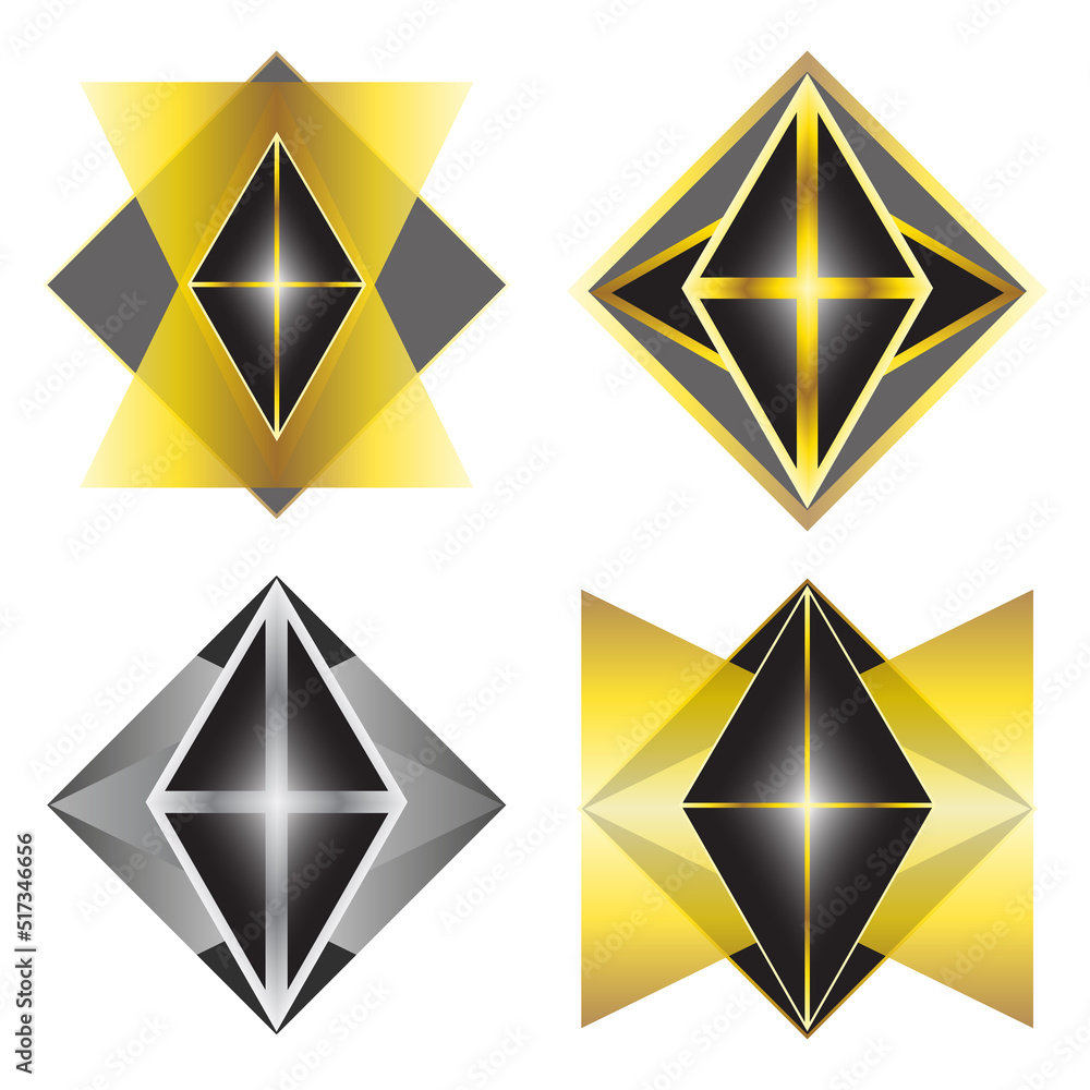 Set of rhombus logotypes in gold, silver and black colors. Geometric ...