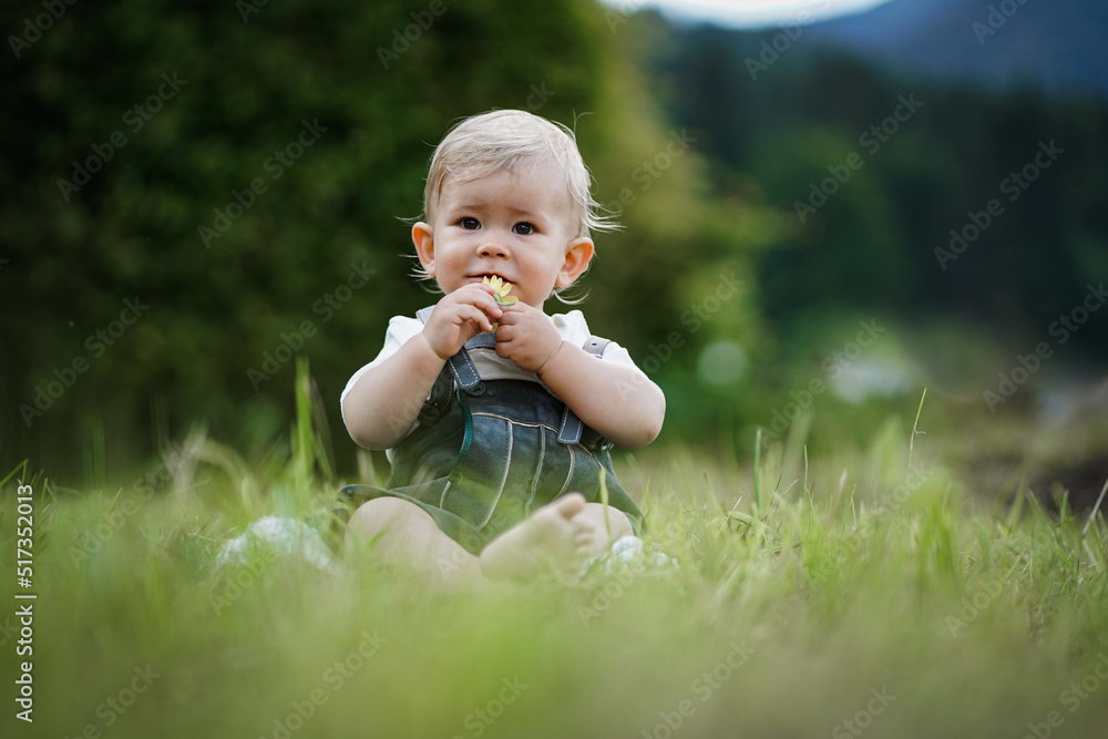 one year old blond german baby boy in bavarian dress with lederhose ...