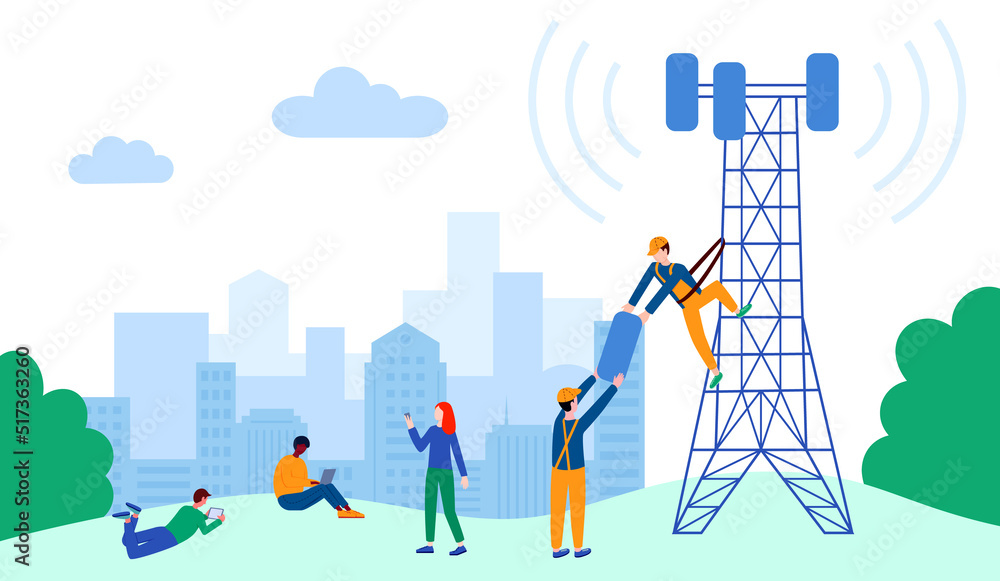 5G tower signal. Mobile communication internet and wifi. Computer and ...