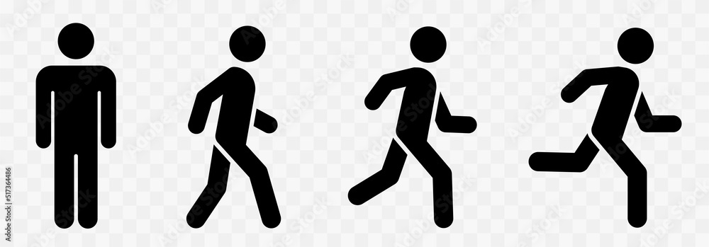 Man stands, walk and run pictogram set. People icons. Silhouette of a ...