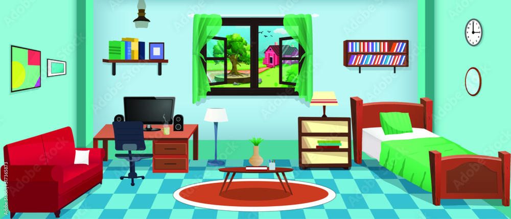 Room interior. Bedroom, Cartoon living room, kids bedroom with ...