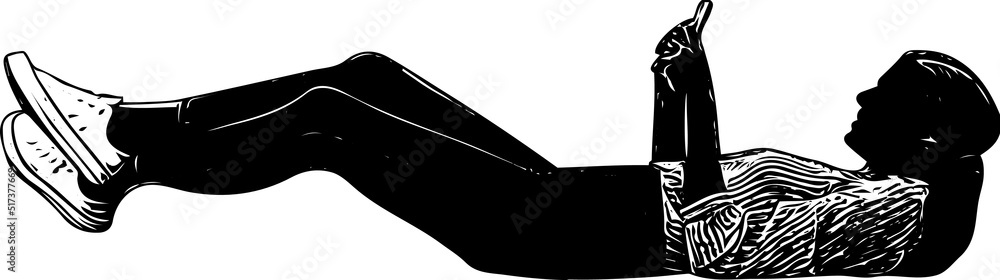 Silhouette drawing of Teen girl looking at a mobile gadget lying on a ...