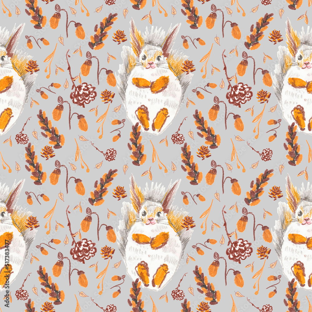 Autumn squirrels seamless pattern drawn in wax crayons on gray ...