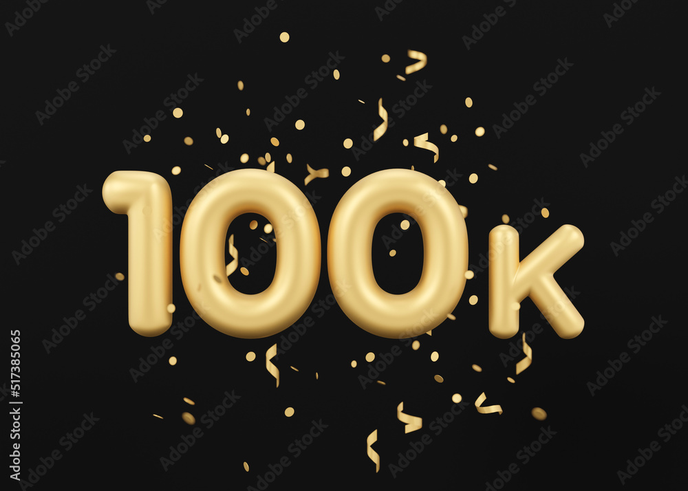 100000 followers card with golden confetti on black background. Banner ...