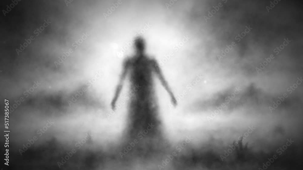 Scary 2D animation of gloomy silhouette. Standing man on nature ...