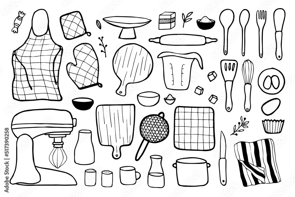Hand drawn line baking supplies and baking ingredients vector ...