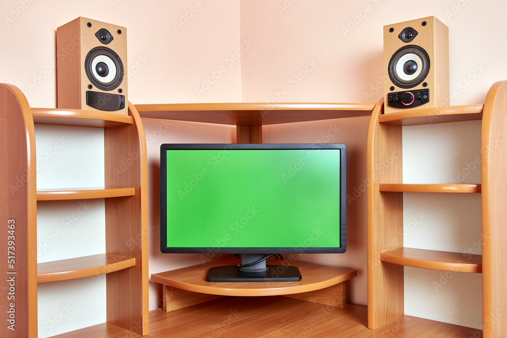 Video background in the form of a computer table with a monitor and ...