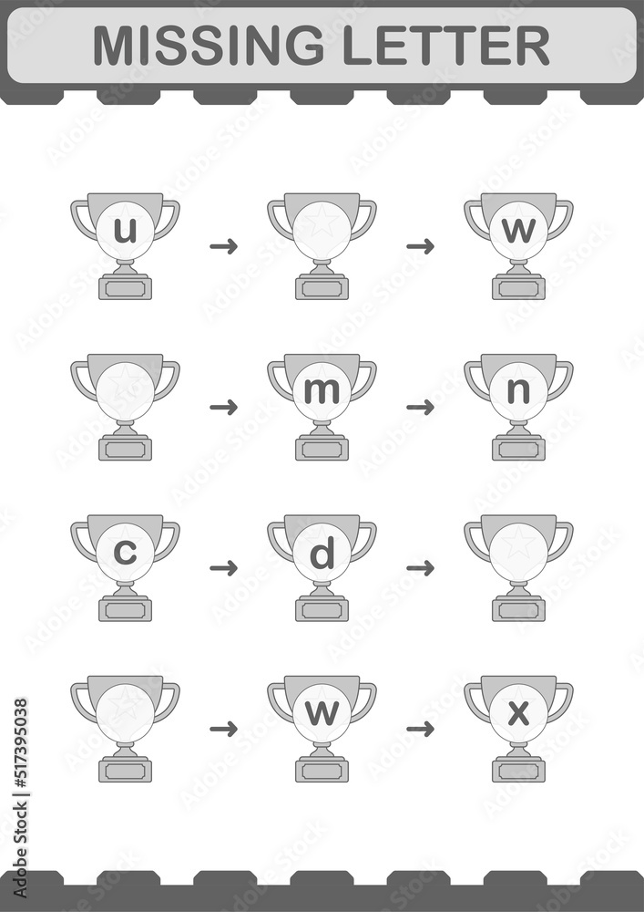 Missing letter with Trophy. Worksheet for kids Stock Vector | Adobe Stock