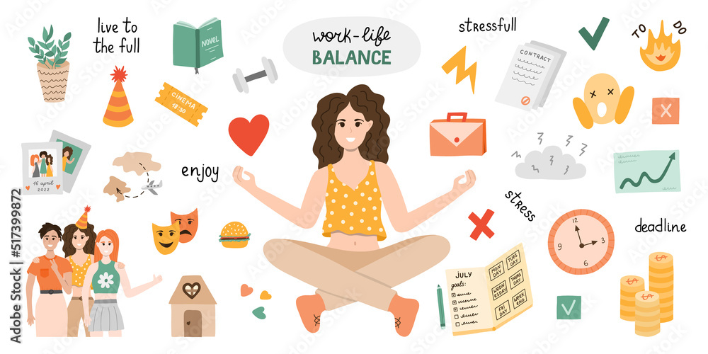 Vettoriale Stock Work–life balance vector set with lettering and ...