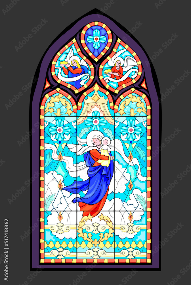 Vetor de Beautiful colorful medieval stained glass window. Gothic ...