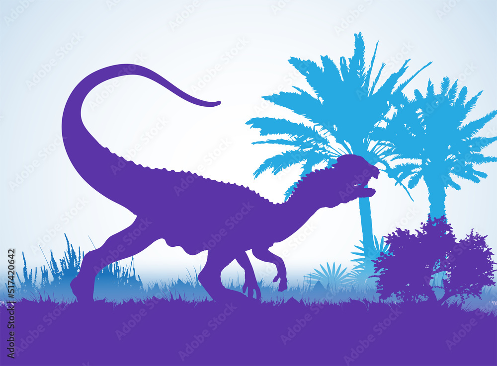 Dilophosaurus Dinosaurs silhouettes in prehistoric environment ...