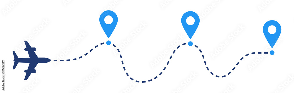 Airplane path route banner with plane icon, dash line trace and ...