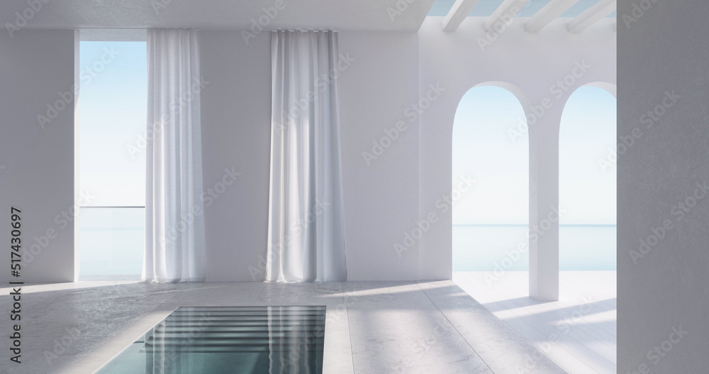 Luxury empty total white swimming pool interior with sea view. 3d ...