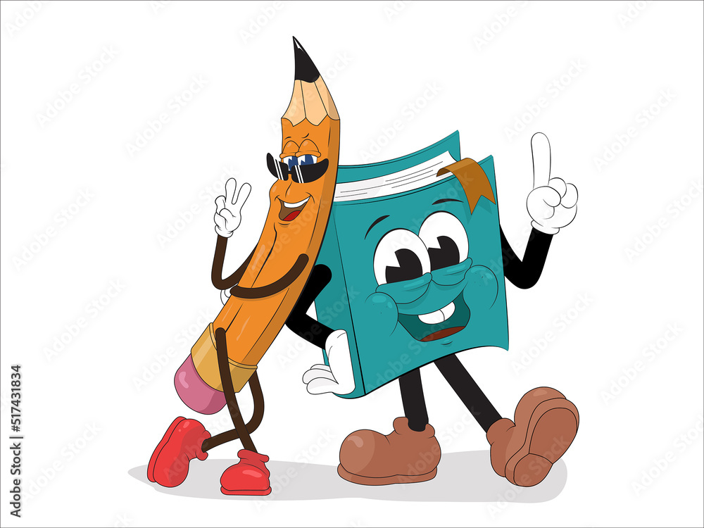 30s cartoon illustration of pencil and book ready for school Stock ...
