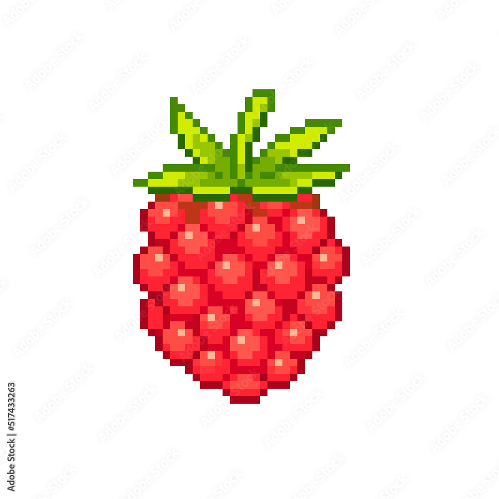 An 8-bit retro-styled pixel-art illustration of a red raspberry. Stock ...