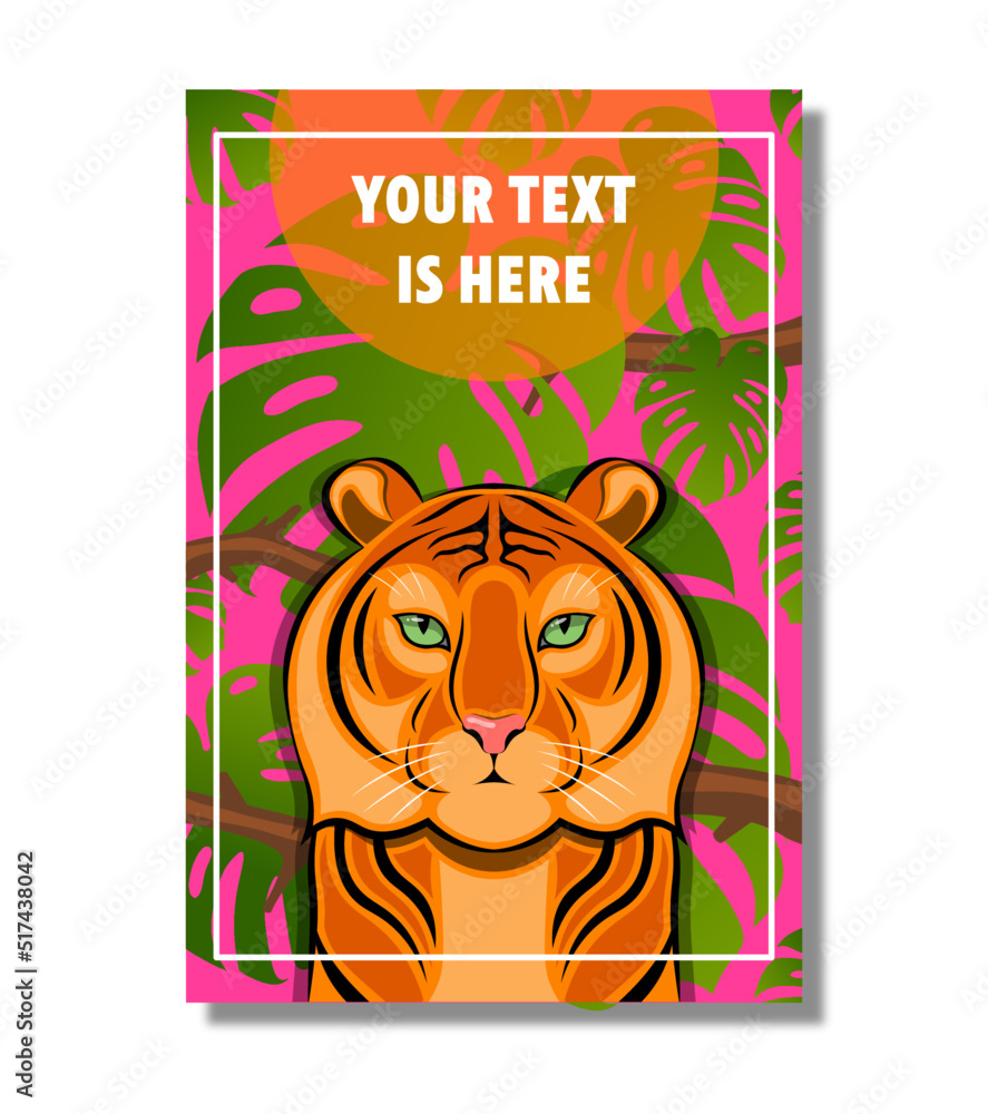Tiger postcard template. Tiger and tropical leaves. Oriental postcard ...