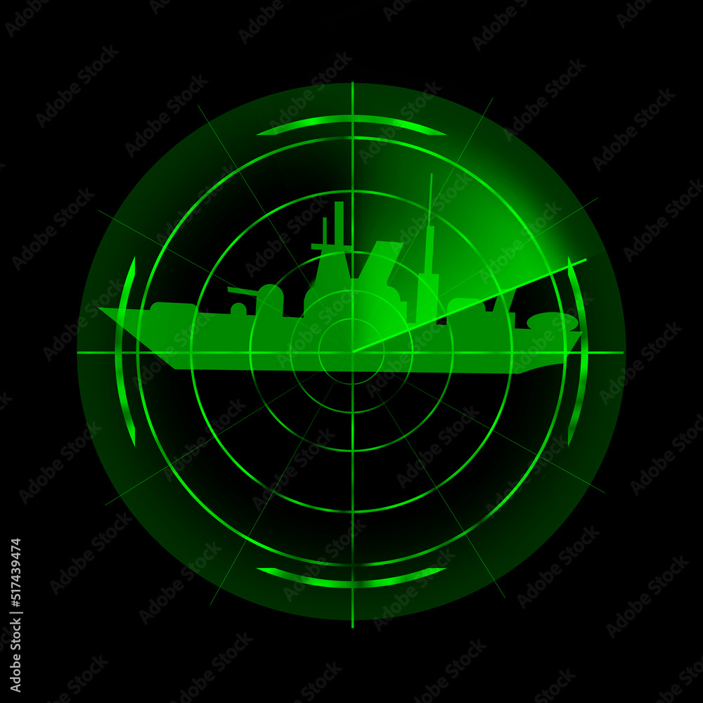 The green scope is aimed at the warship. Black background. Green radar ...