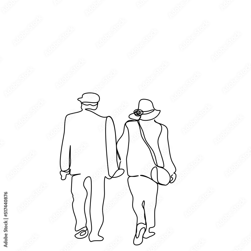 Backside of Old couple are walking together in continue line style ...
