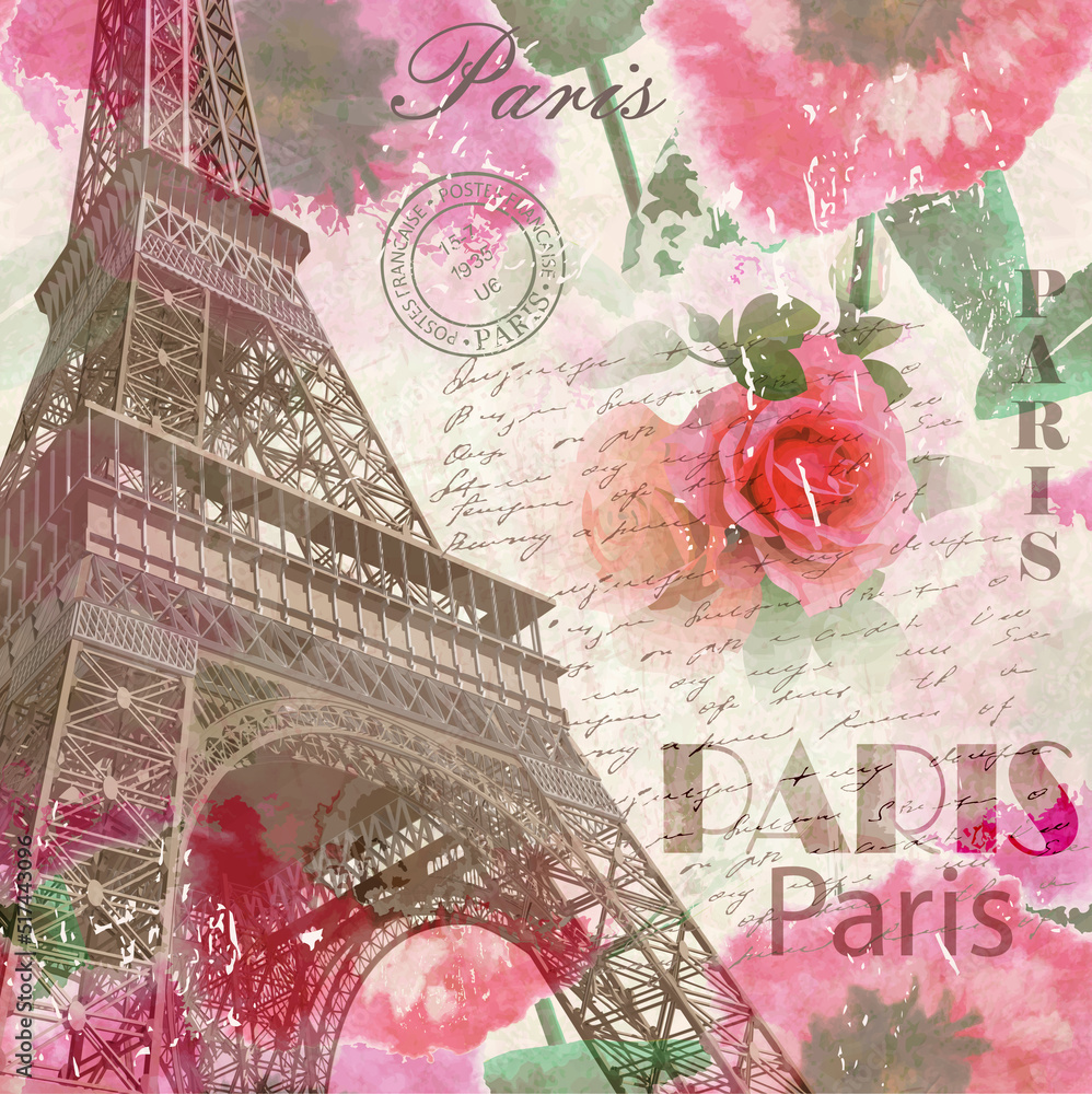 Vintage Eiffel Tower Postcard Fotografie, Obraz Retro Postcard With