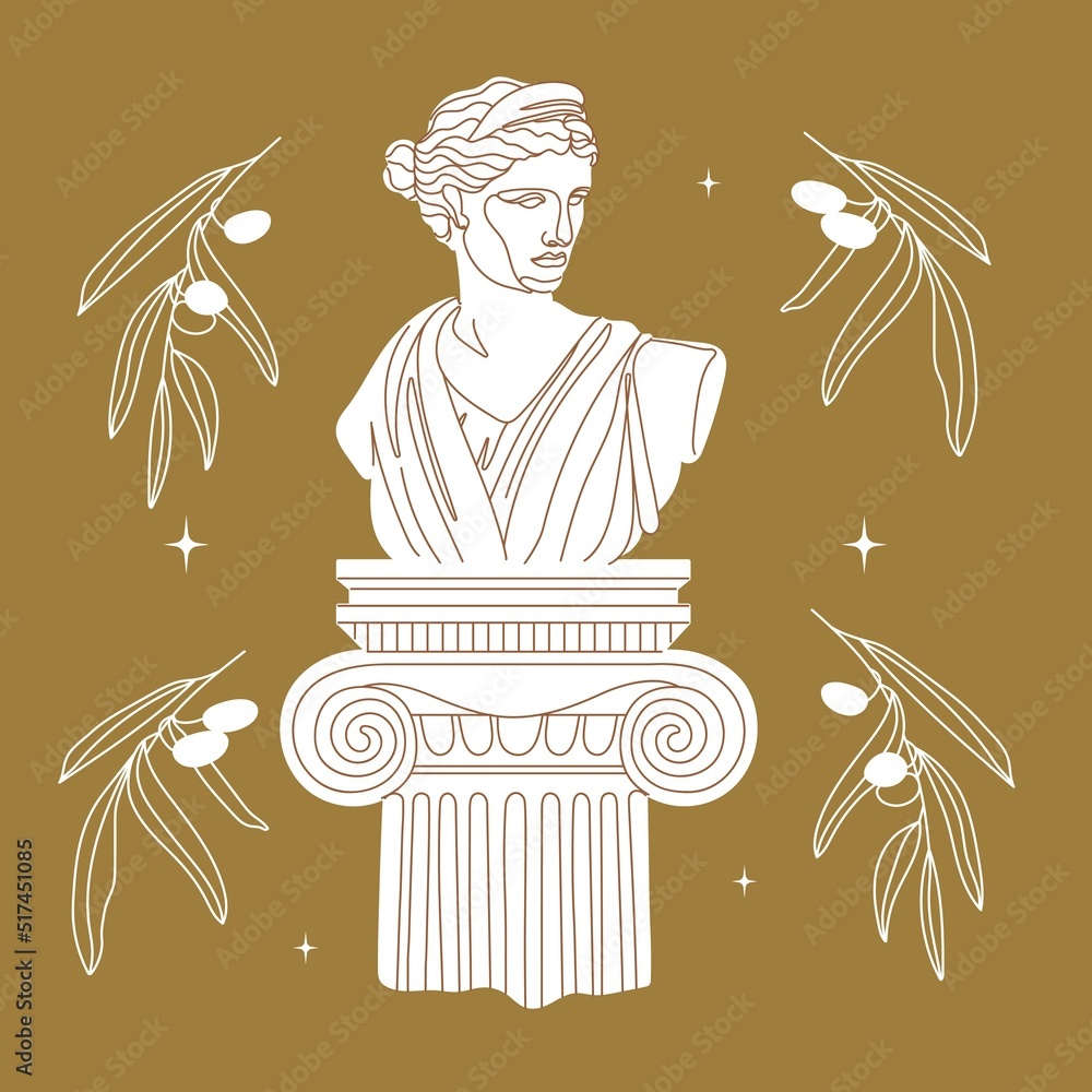 One line Ancient Greek goddess statue with olive branches. Aphrodite or ...