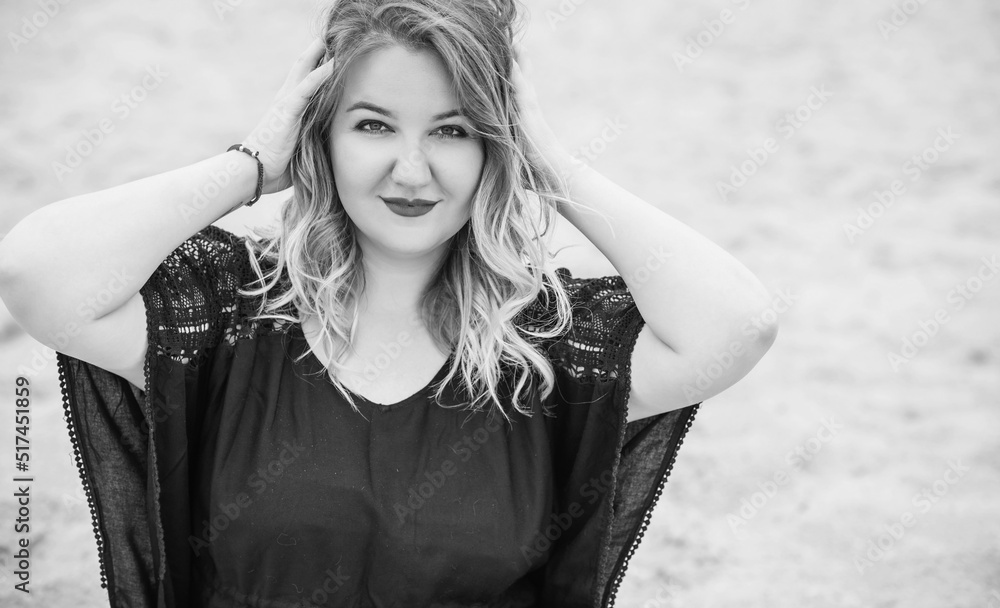 Nice plus size model at beach, European woman in casual dress, big size ...