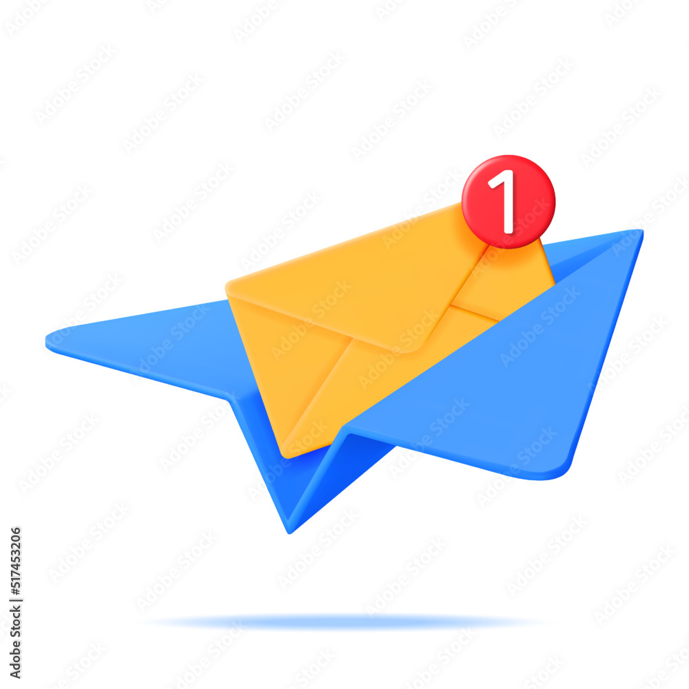 3D Mail Envelope in Paper Plane and Notification Message. Paper Letter ...