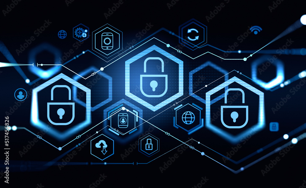 Cybersecurity circuit and padlock with connection and protection Stock ...