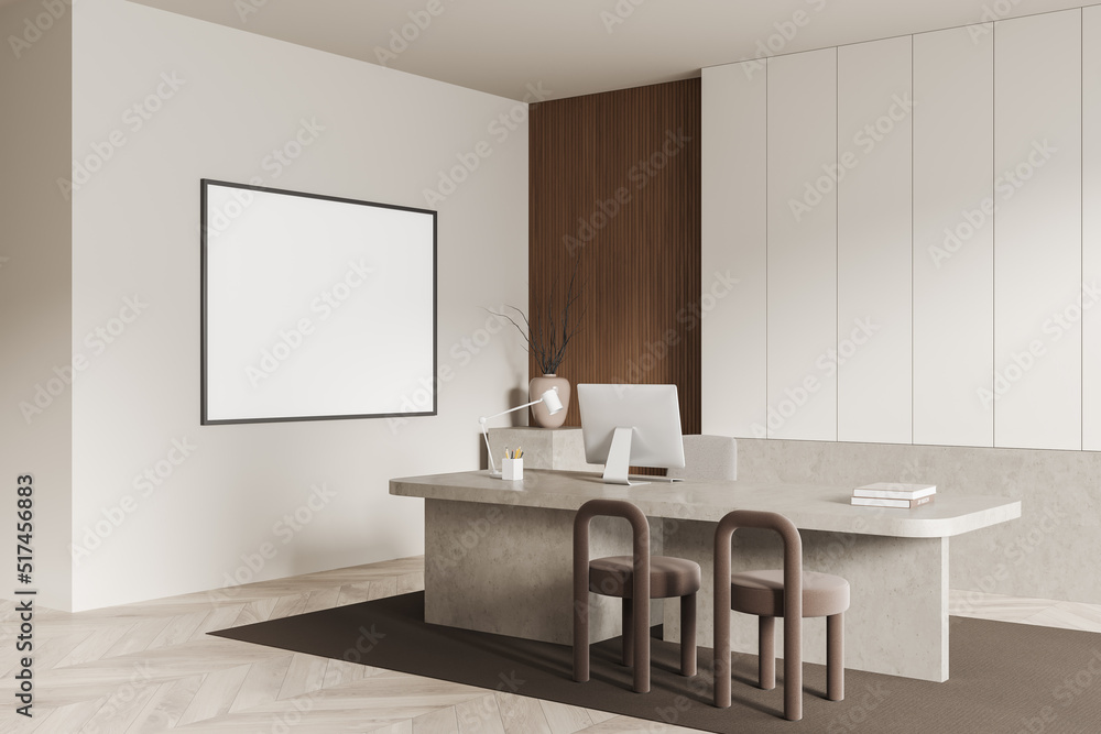 Light office room interior with desk, shelf and pc computer. Mockup ...