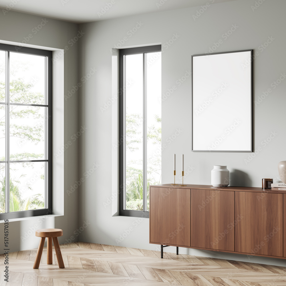 Light living room interior with wooden drawer, window and mockup frame ...