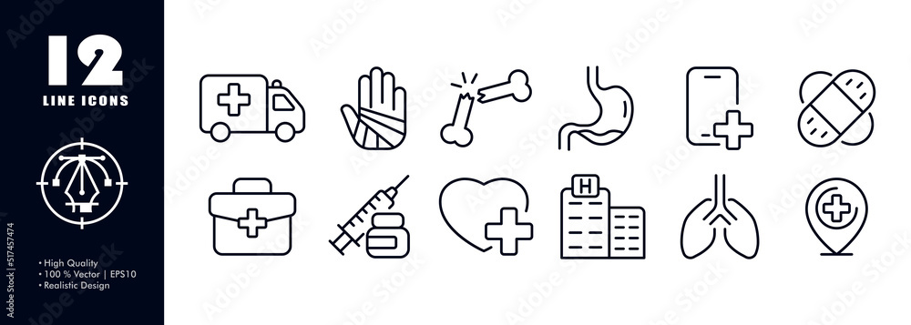 First aid line icon. Ambulance, wound dressing, bandage, broken bones ...