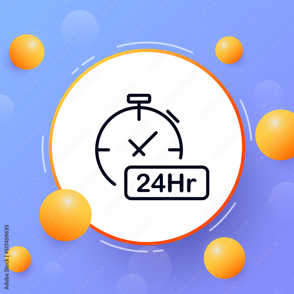 Stopwatch with 24 hour sign line icon. Time, around the clock, service ...