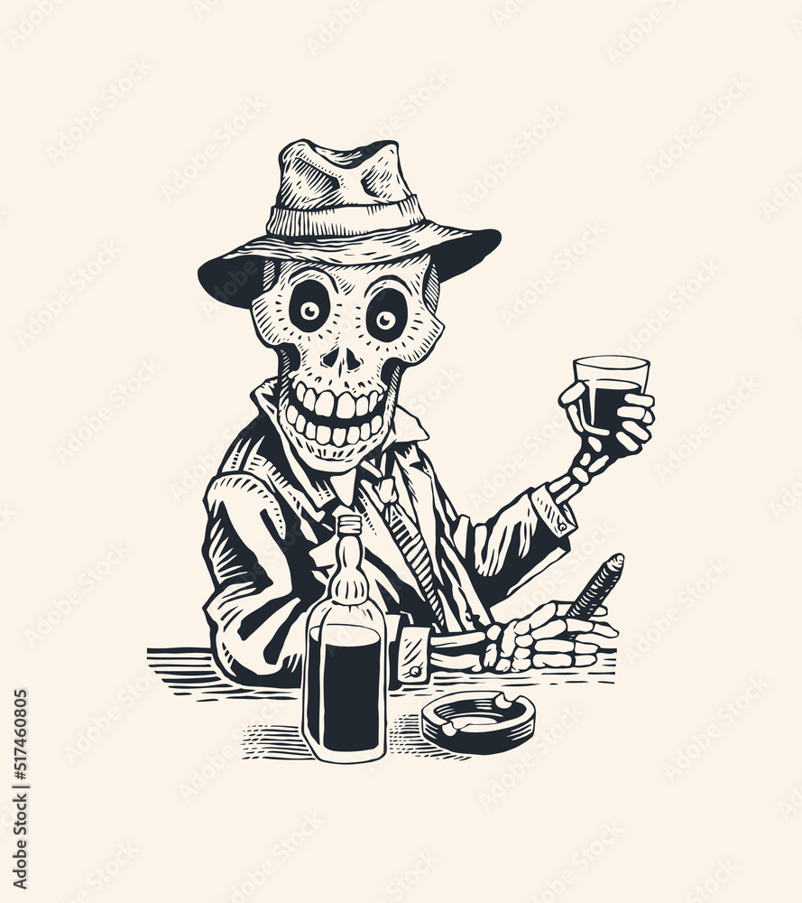 A happy skeleton in a suit and hat is having a drink in a bar and ...
