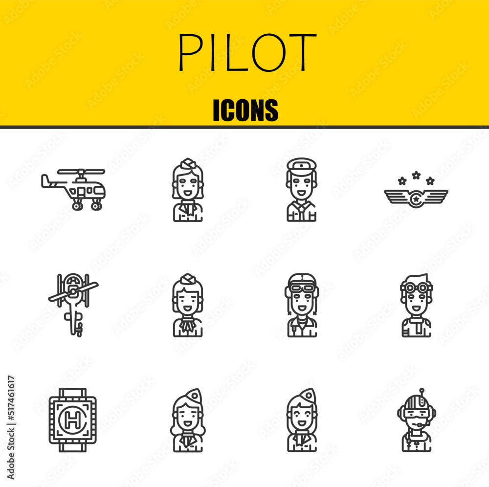 pilot vector line icons set. helicopter, stewardess and pilot Icons ...