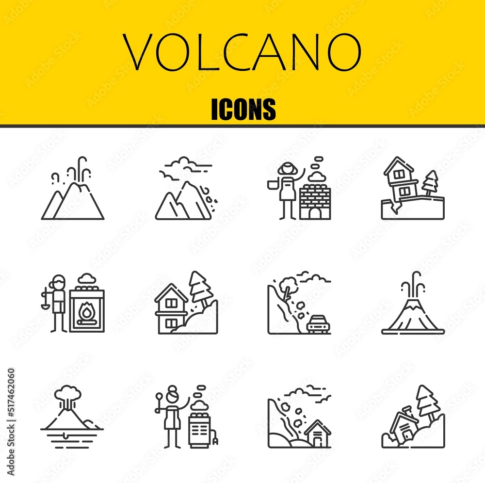volcano vector line icons set. eruption, avalanche and hot stones Icons ...