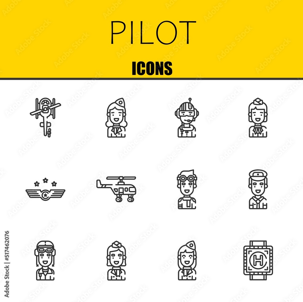 pilot vector line icons set. helicopter, stewardess and pilot Icons ...