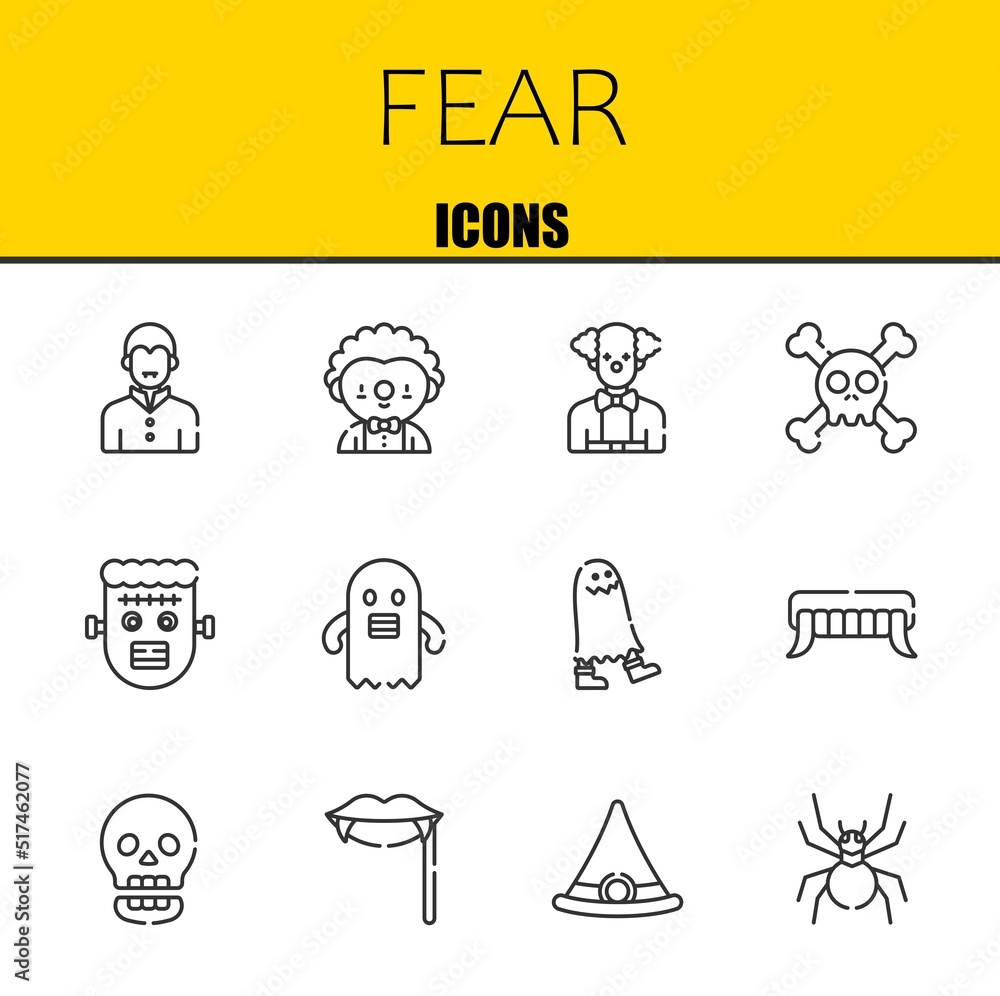 fear vector line icons set. vampire, clown and clown Icons. Thin line ...