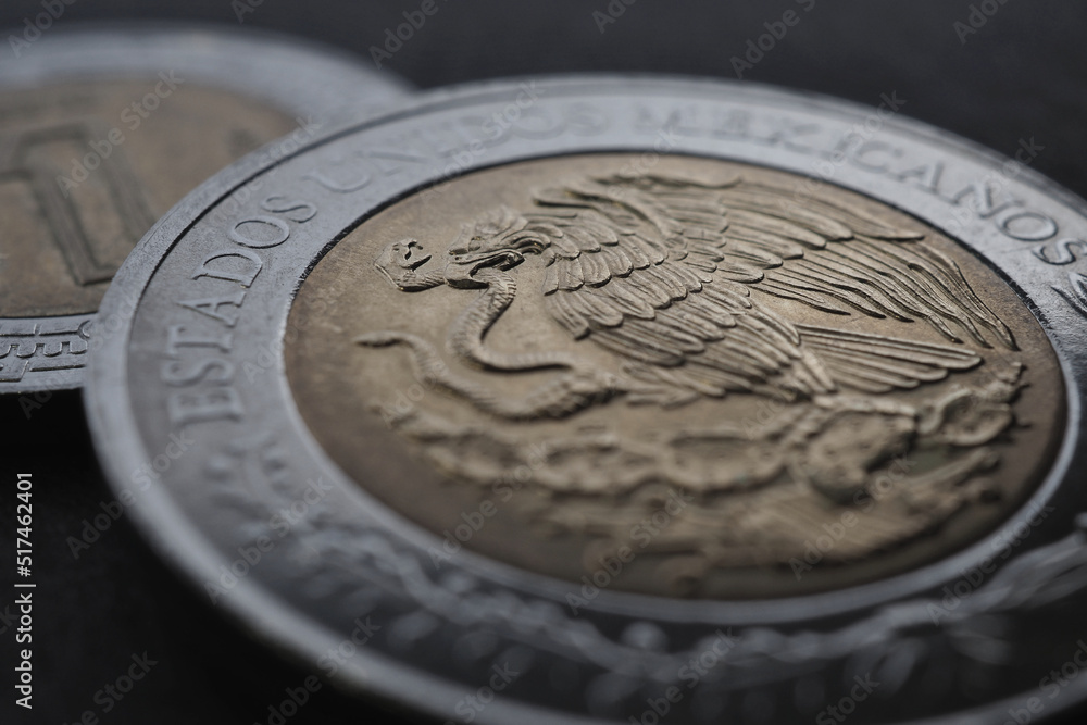 Coin 5 Mexican pesos closeup. Peso of Mexico. Reverse of coin with coat ...