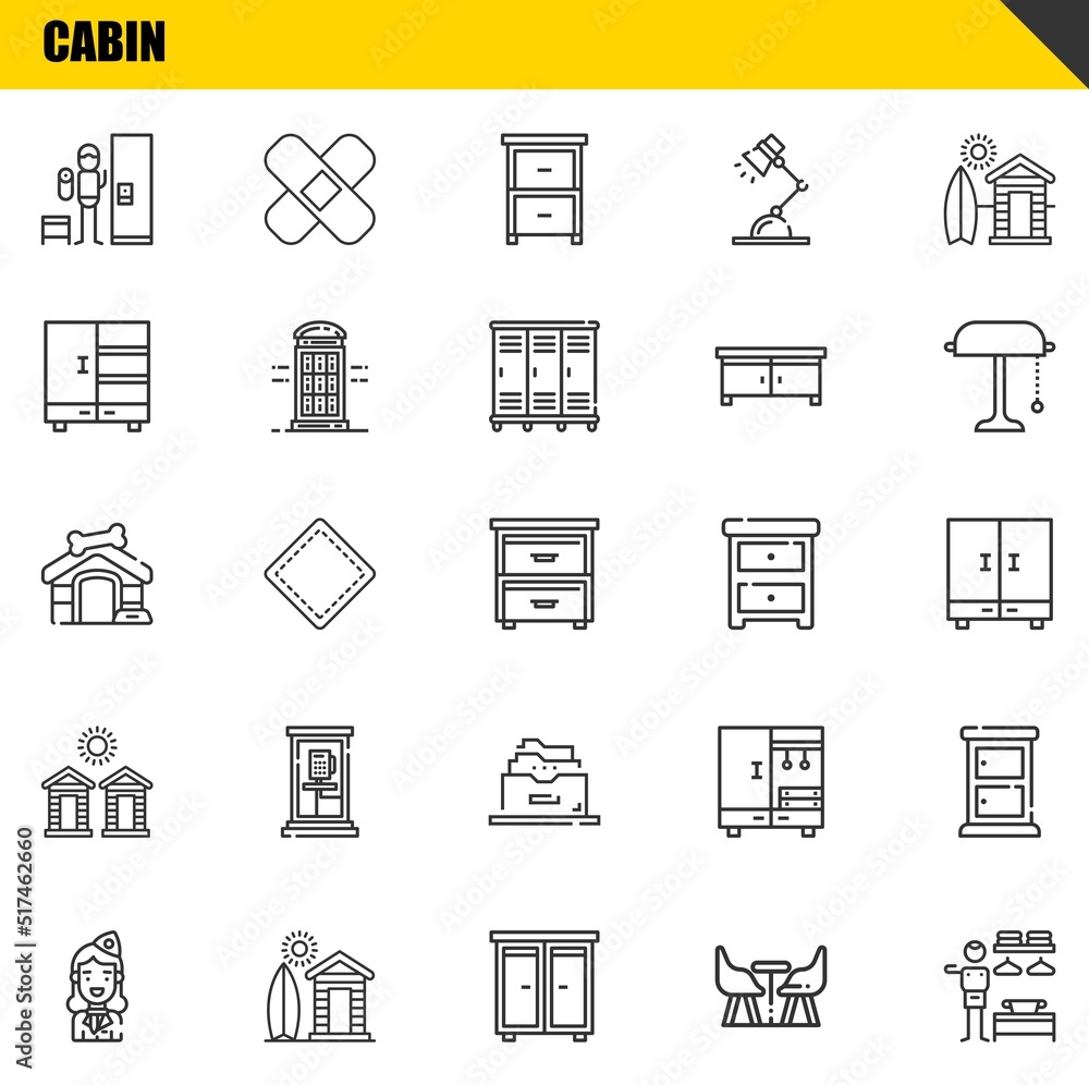 cabin vector line icons set. locker, stewardess and dog house Icons ...