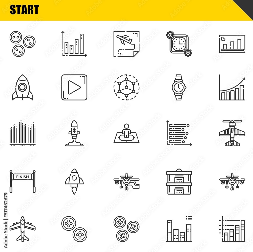 start vector line icons set. buttons, airplane and bar chart Icons ...