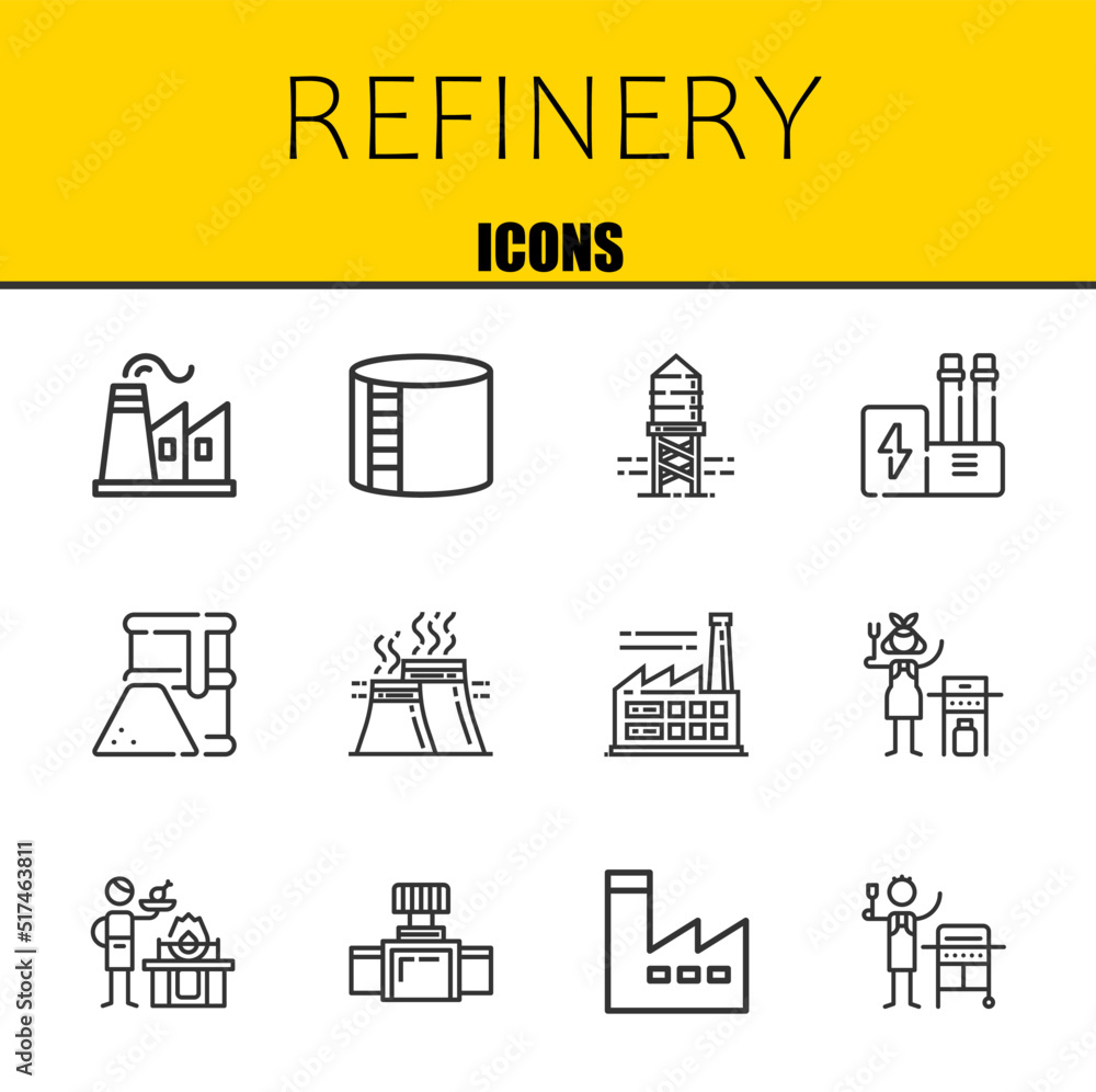 refinery vector line icons set. factory, industry tank and reservoir ...
