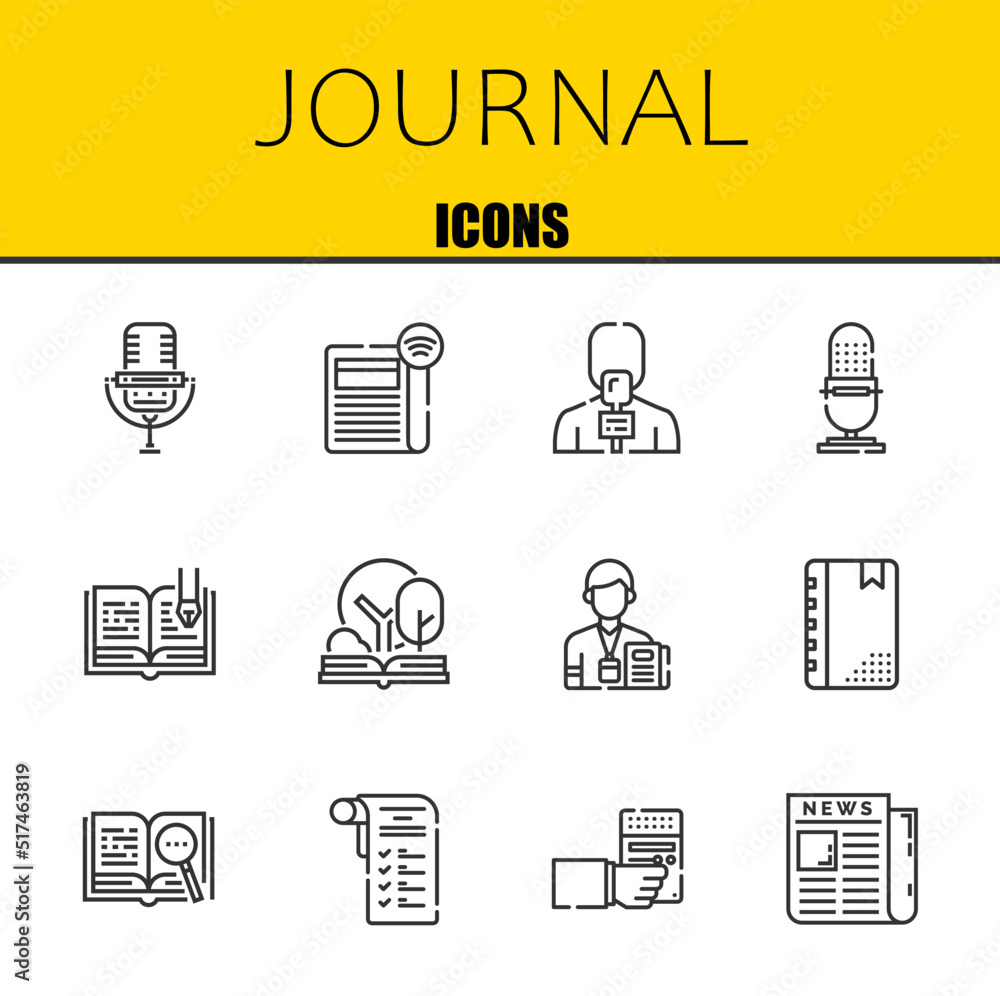 journal vector line icons set. microphone, newspaper and news reporter ...