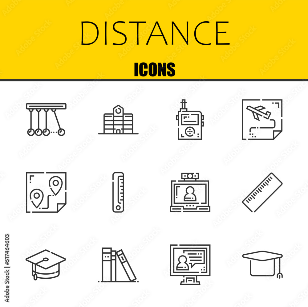 distance vector line icons set. newton, university and walkie talkie ...
