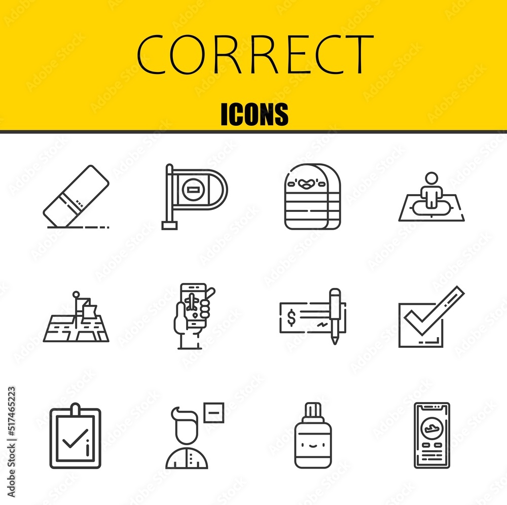 correct vector line icons set. eraser, wrong way and eraser Icons. Thin ...