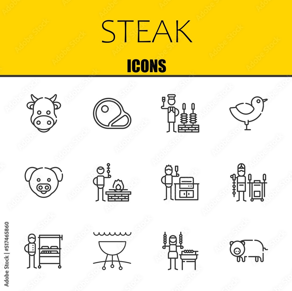 steak vector line icons set. cow, steaks and churrasco Icons. Thin line ...
