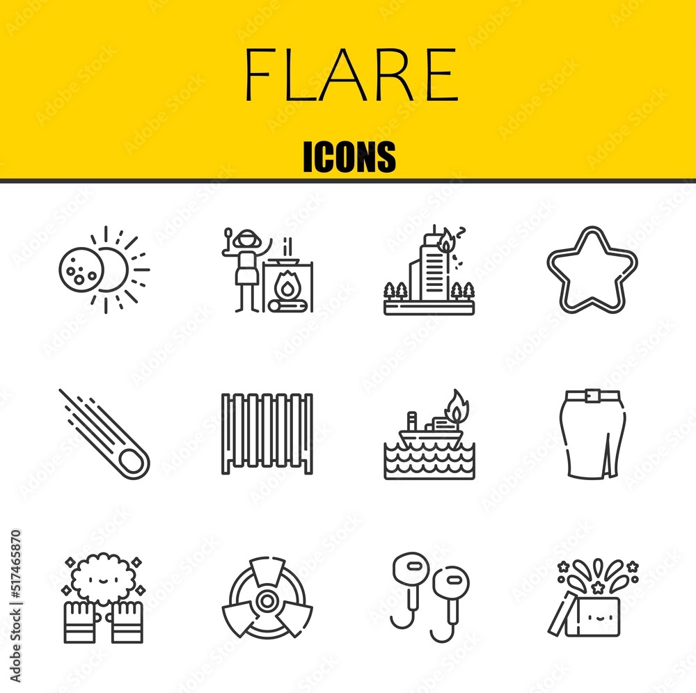 flare vector line icons set. eclipse, campfire and fire Icons. Thin ...