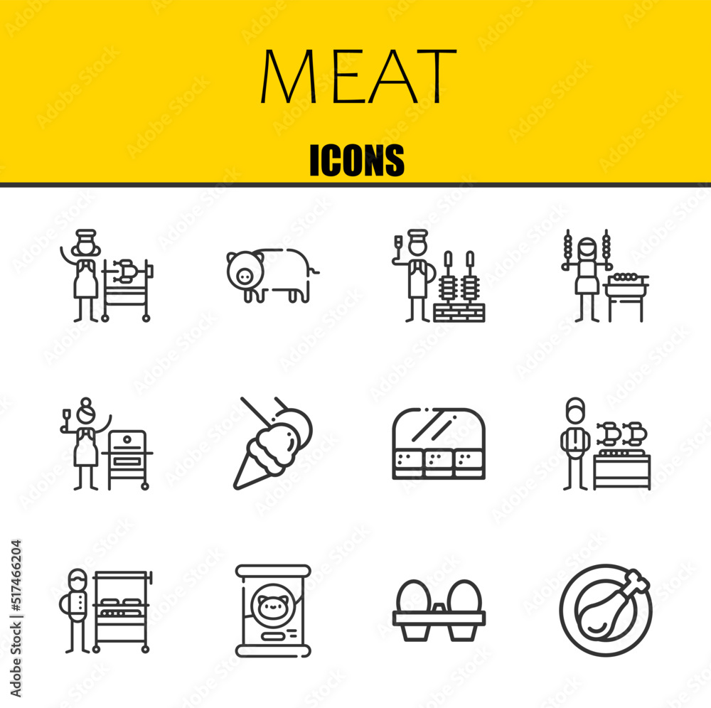 meat vector line icons set. rotisserie, pig and churrasco Icons. Thin ...
