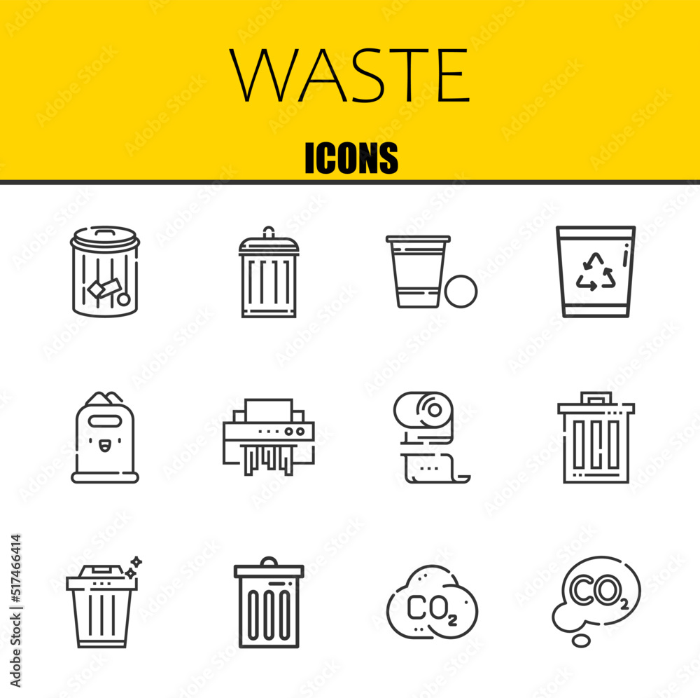 waste vector line icons set. trash, garbage and beer pong Icons. Thin ...