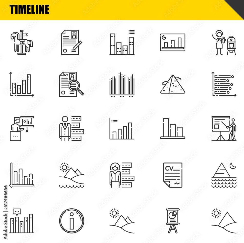 timeline vector line icons set. carousel, bar chart and presentation ...